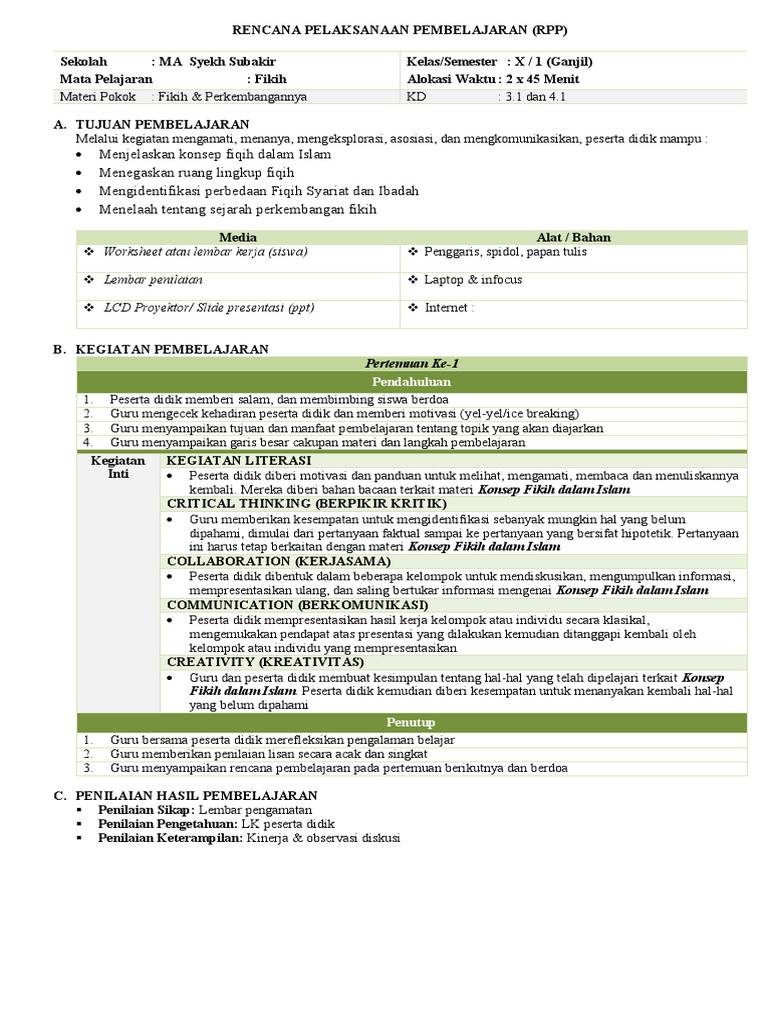RPP I Fikih Kelas 10 SEM 1 | PDF | Karier & Perkembangan