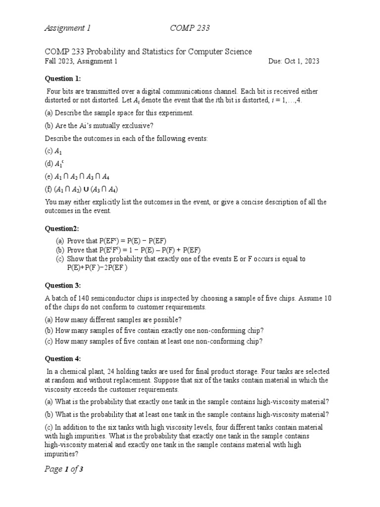 COMP233 - F23 Assignment 1 | PDF | Statistical Models | Mathematics COMP233 - F23 Assignment 1 | PDF | Statistical Models | Mathematics