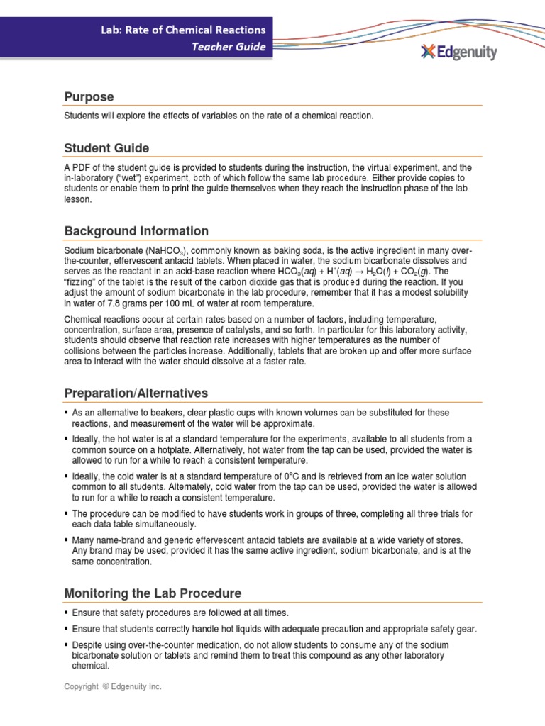 Lab - Rate of Chemical Reactions - Teacher Guide | PDF | Sodium ...