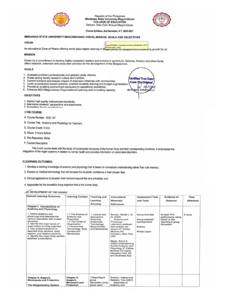 Anatomy and Physiology Syllabus | PDF
