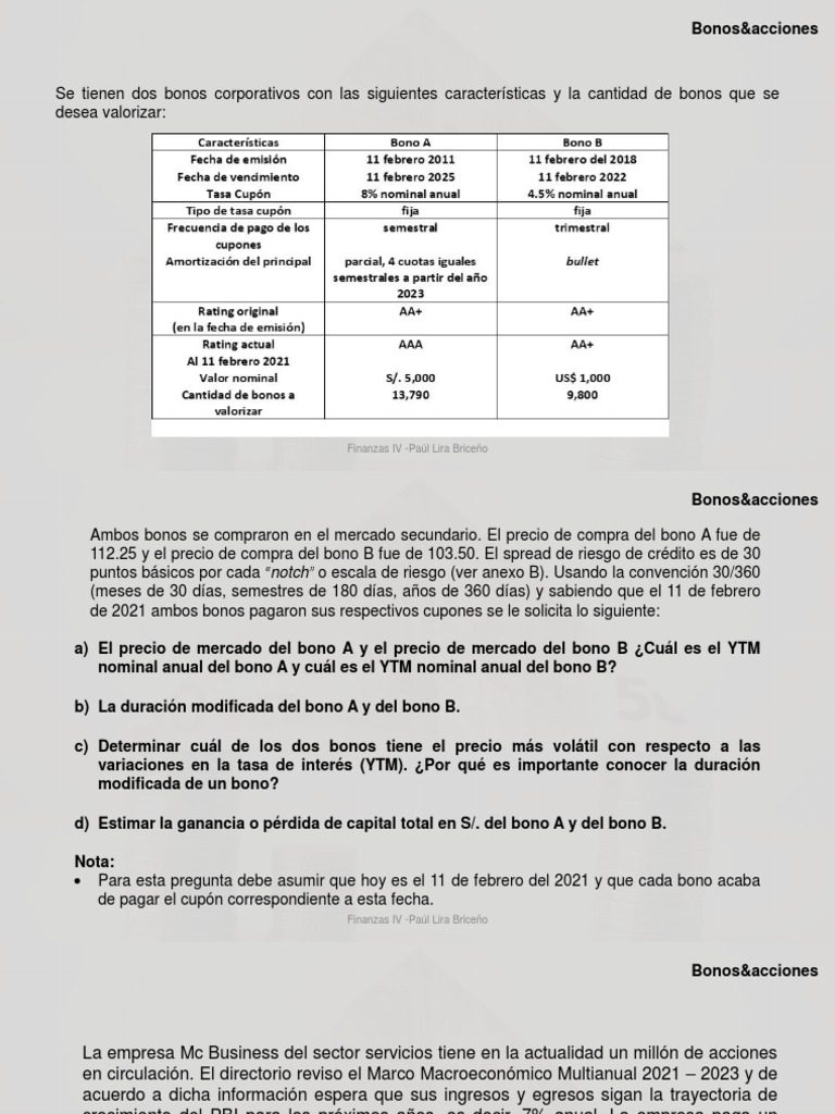 Finanzas IV - Ejercicios Bonos&acciones - 2023 | PDF | Compartir (Finanzas) | Economias
