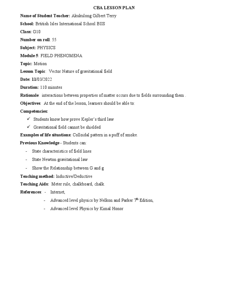 CBA LESSON PLAN Field | Download Free PDF | Newton's Law Of Universal ...