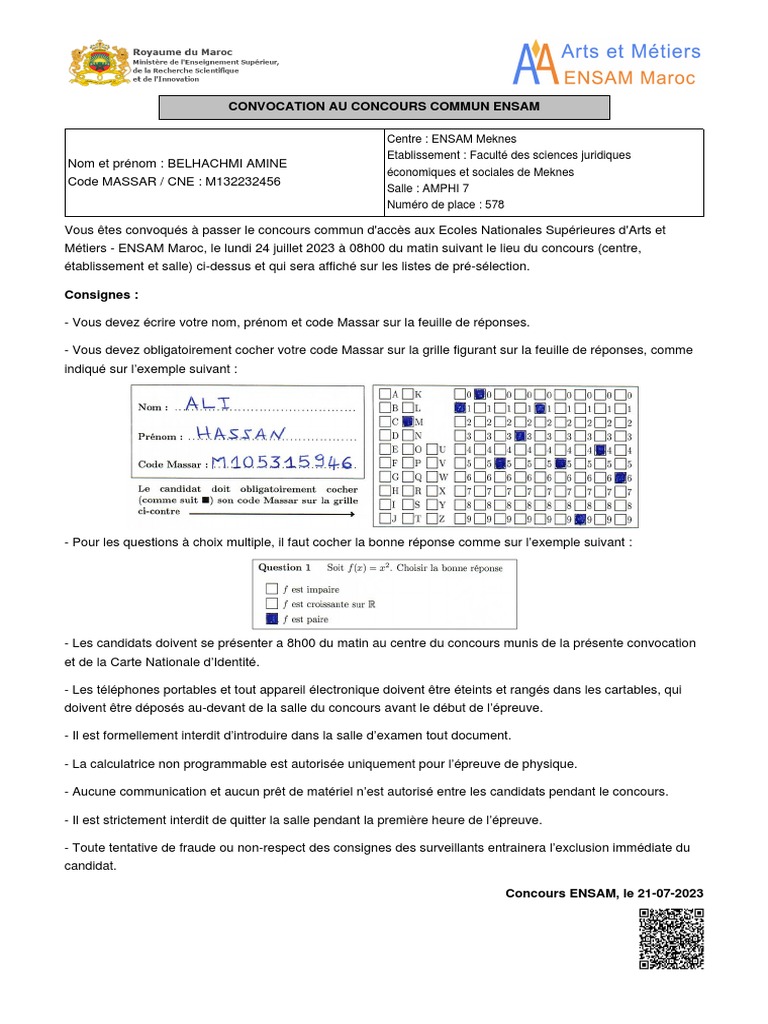 Convocation Concours ENSAM 2023 | PDF