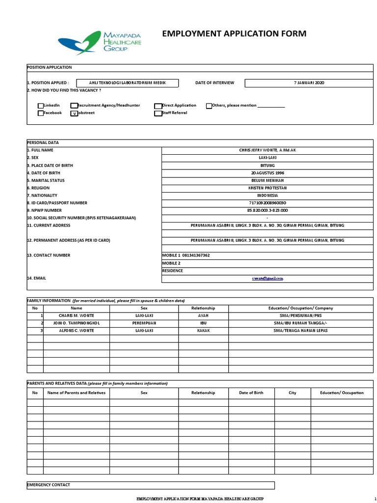 CHRIS JEFRY WONTE - Application Form Final - Mayapada Healthcare Group | PDF | Employment
