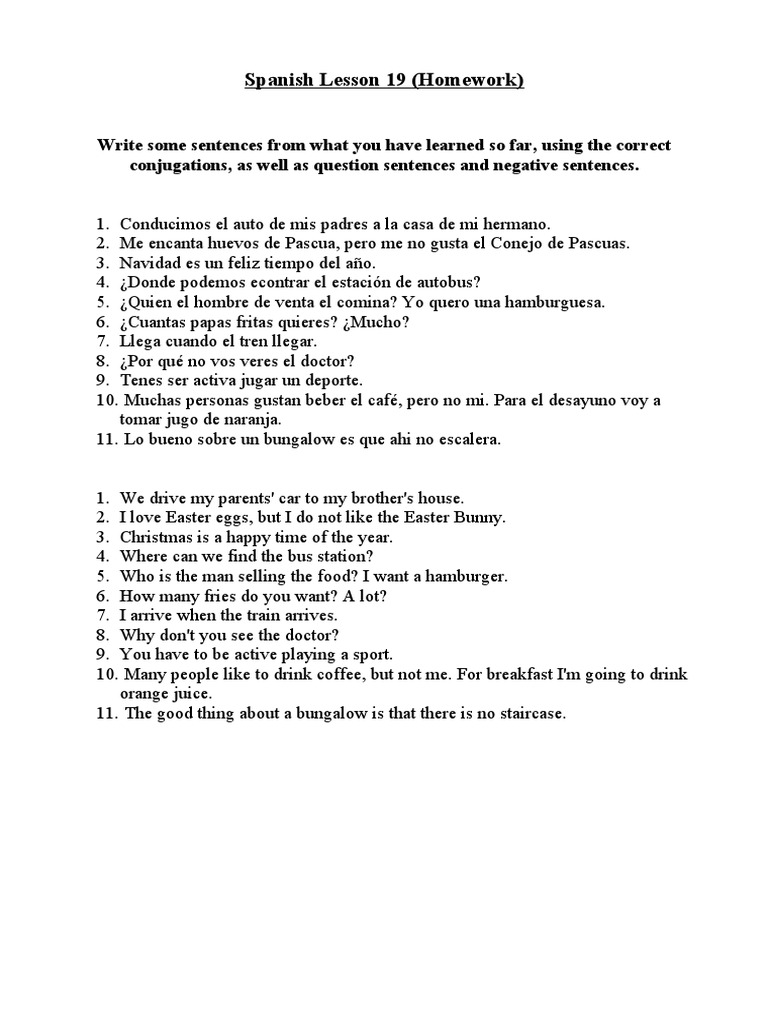 Spanish Lesson 19 (Homework) | PDF