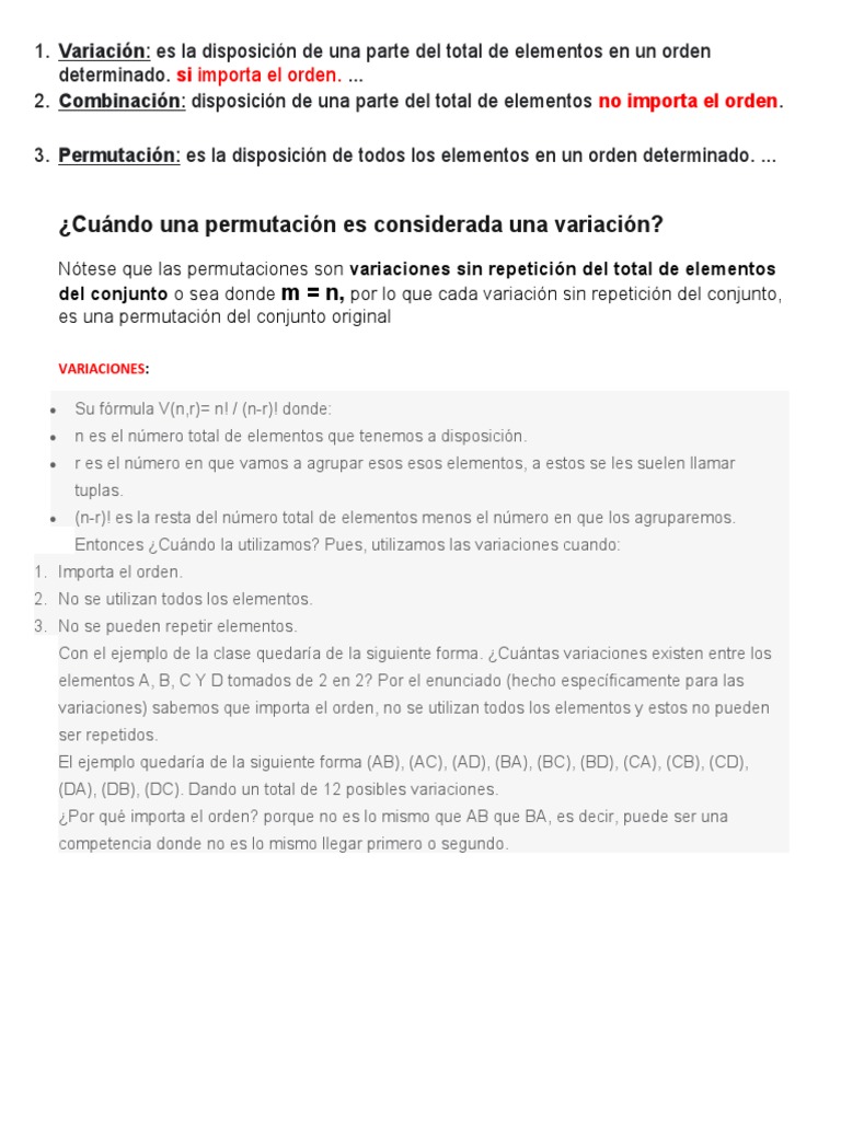 Variaciones, Combinaciones y Permutaciones | PDF | Permutación ...