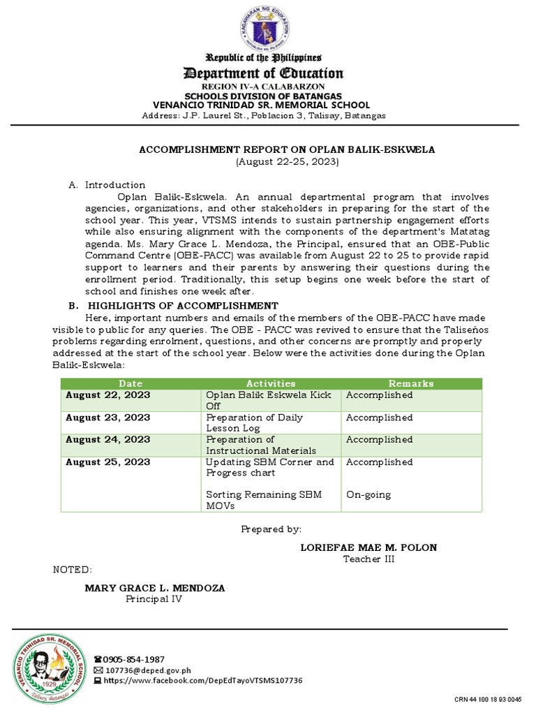Oplan Balik Eskwela Accomplishment Report | PDF | Learning | Behavior ...
