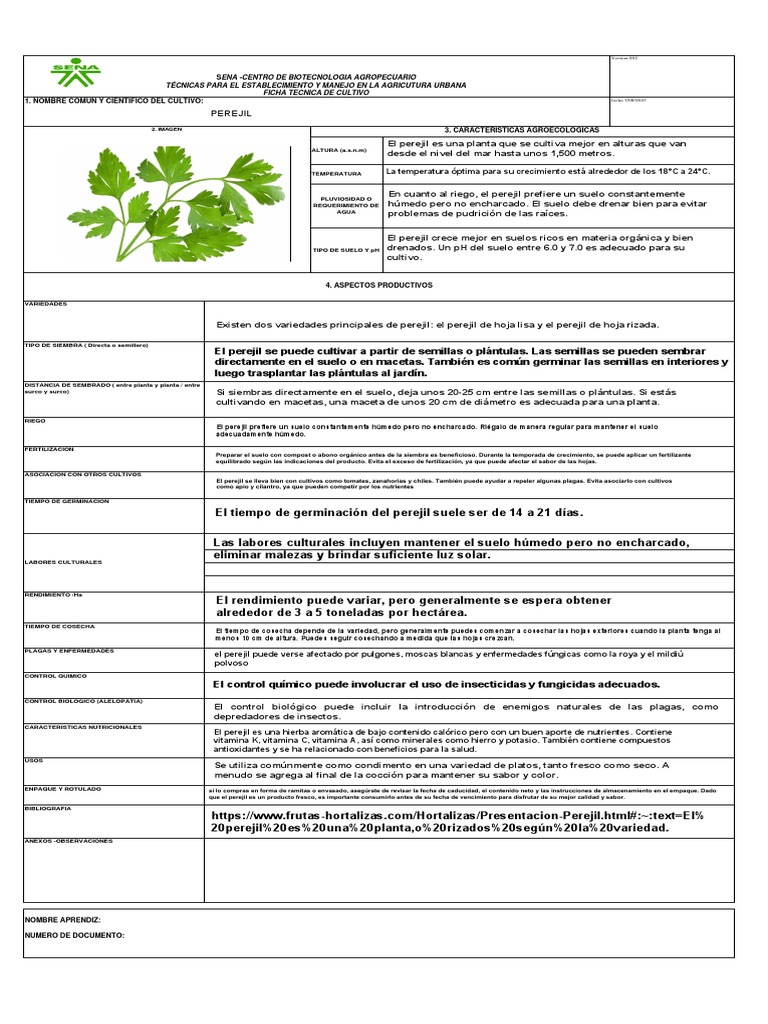 Técnicas para El Establecimiento Y Manejo en La Agricutura Urbana Ficha Tecnica de Cultivo | PDF ...