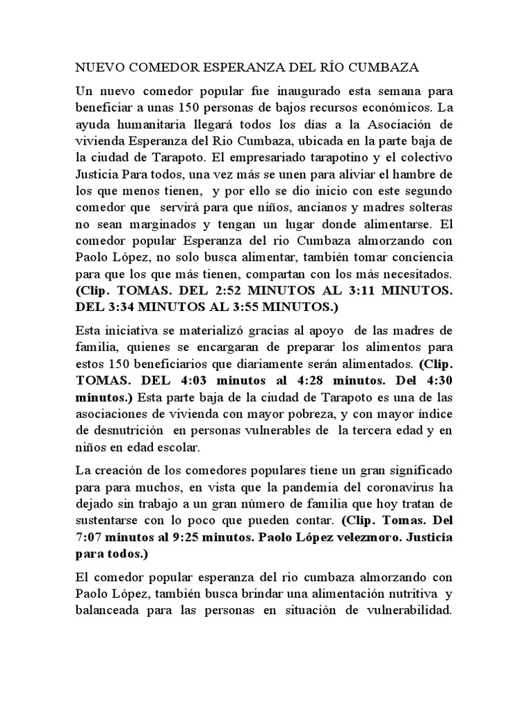 Comedor Ok Popular Esperanza Del Rio Cumbaza 20-08-2022 | PDF