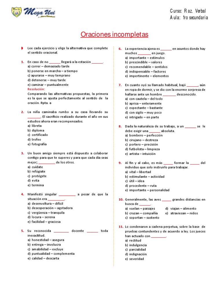 Ejercicios de Oraciones Incompletas | PDF