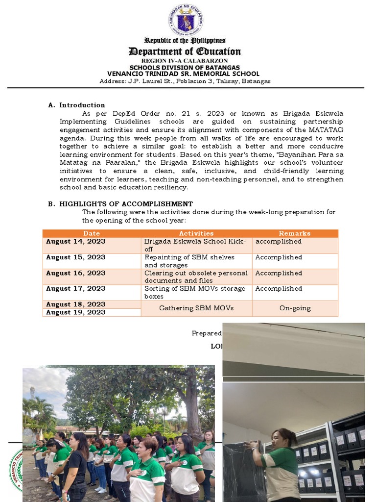 Brigada Eskwela Accomplishment Report | PDF | Learning | Behavior ... Brigada Eskwela Accomplishment Report | PDF | Learning | Behavior ...