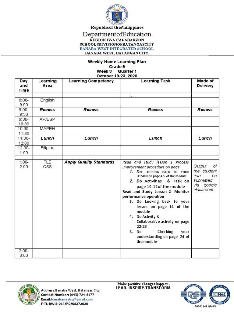 Weekly-Home-Learning-Plan-G9 TLE - CSS | PDF | Cognition | Behavior Modification