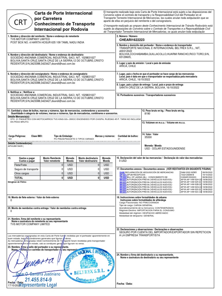 Carta de Porte Internacional Por Carretera Conhecimento de Transporte Internacional Por Rodovia ...