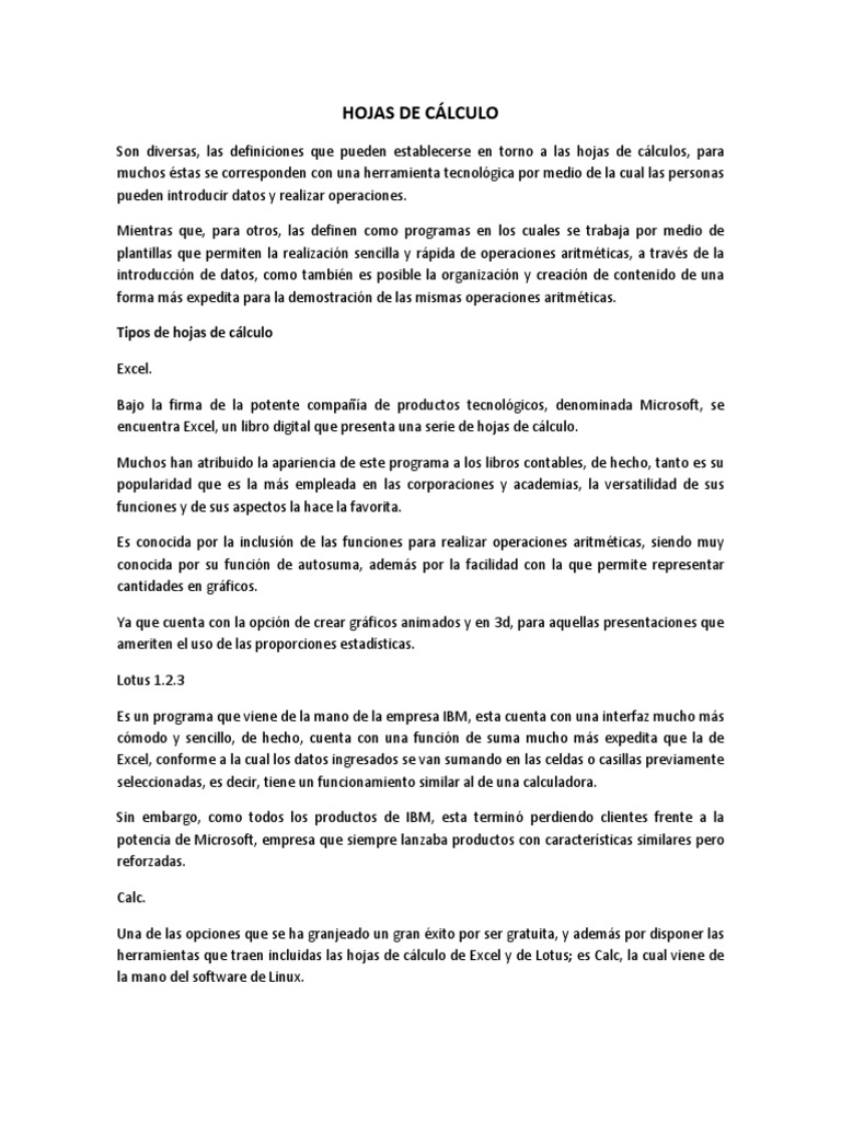 Tipos De Hoja De Cálculo Pdf Microsoft Excel Software De La 5244
