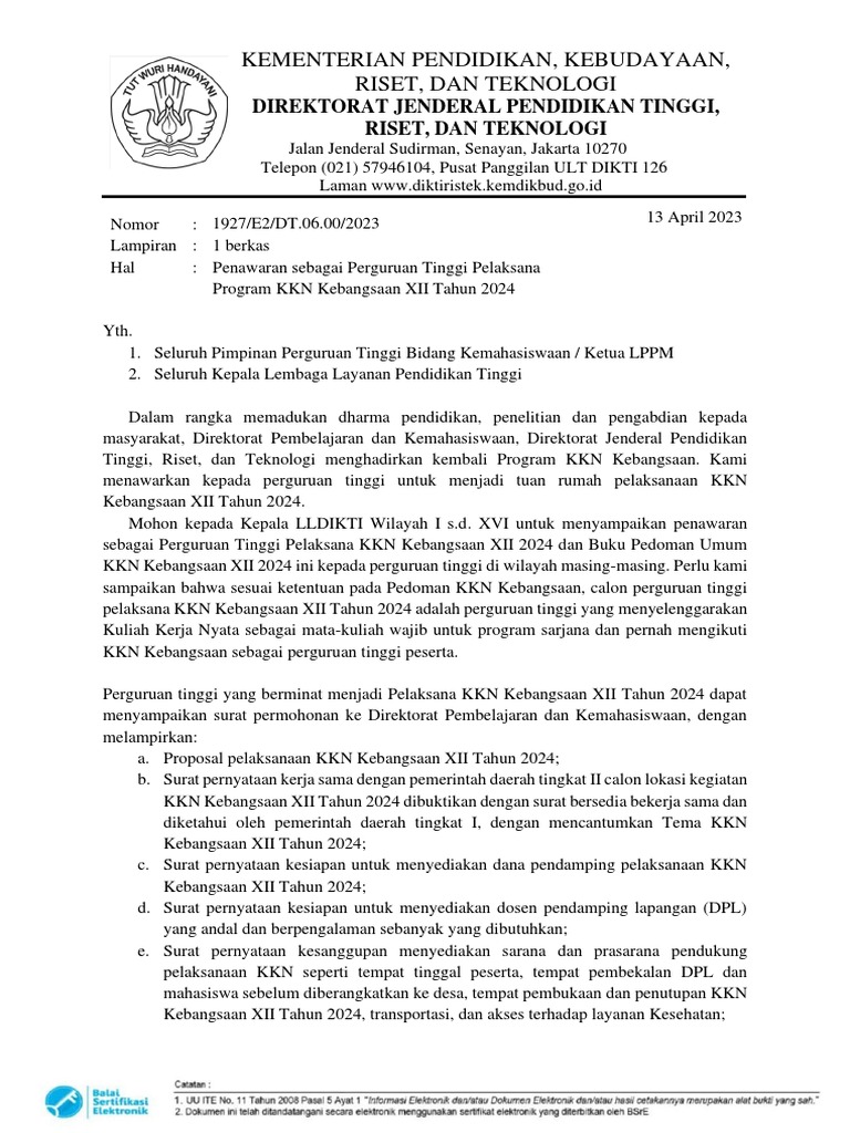 Penawaran Tuan Rumah Pelaksana KKN Kebangsaan XII 2024 Pedoman Umum | PDF
