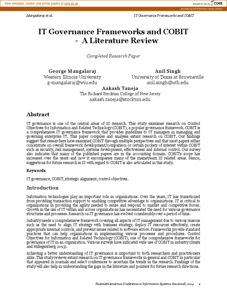 IT Governance Frameworks and COBIT: - A Literature Review | PDF | Governance | Strategic Management