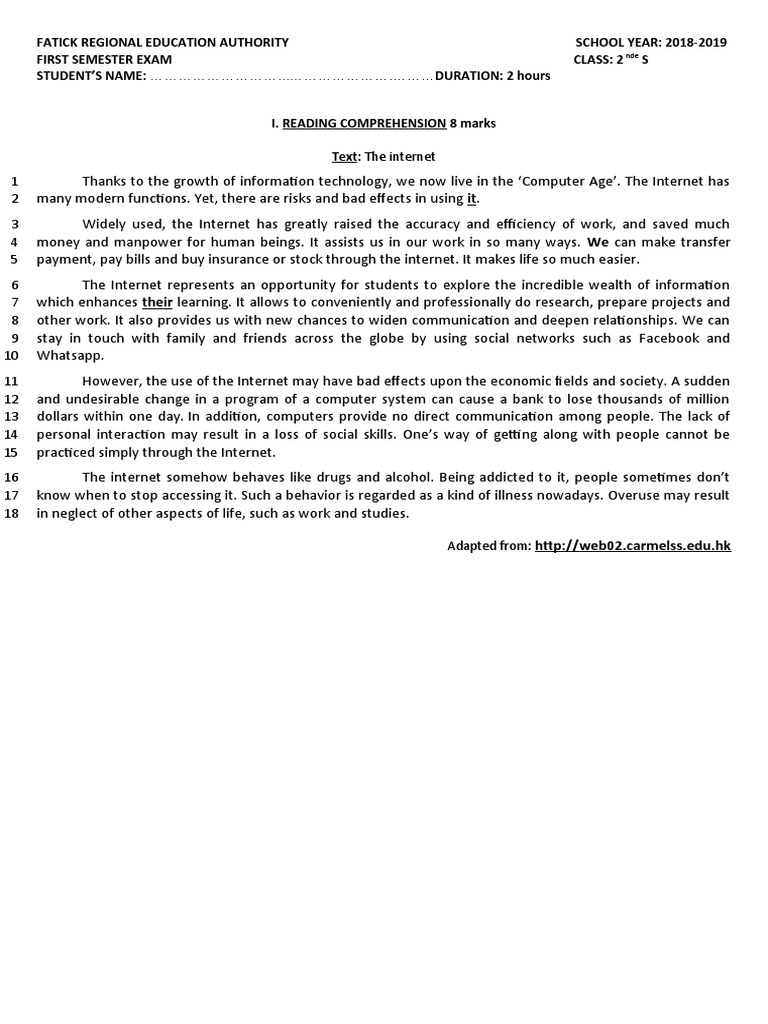 1st Semester Exam 2nde S | PDF | Internet | Human Communication