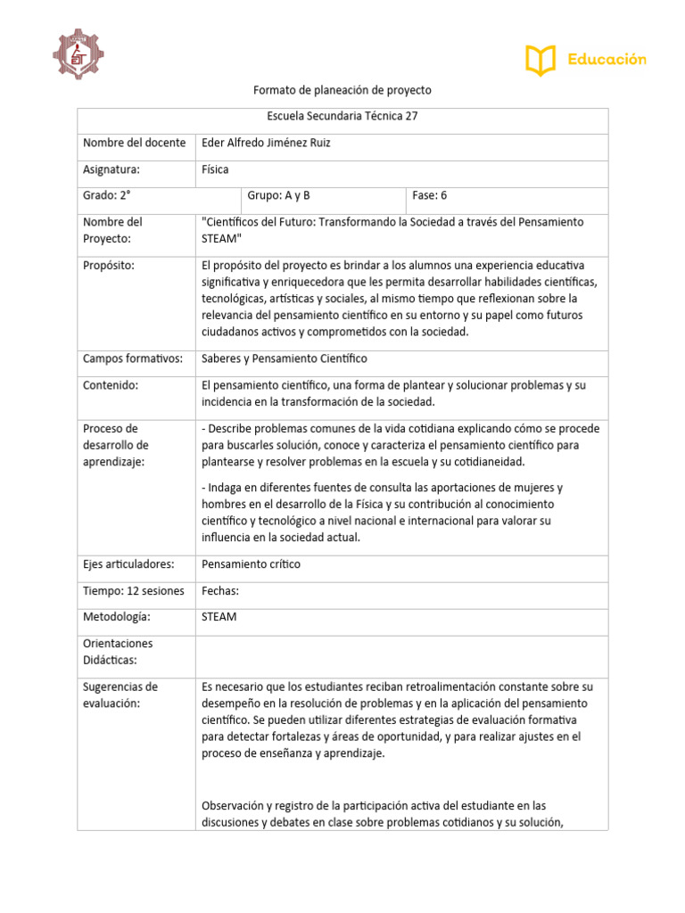 Proyecto STEAM 1 - Física 1er Contenido - Eder Jiménez - 092512 | PDF ...