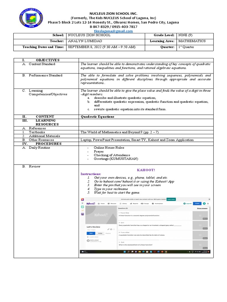 Grade 9 Quadratic Equations Lesson Plan | PDF | Equations | Quadratic ...