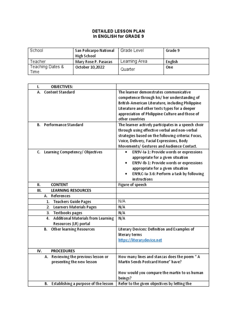 Detailed Lesson Plan in English For Grade 9 | PDF | Metaphor ...