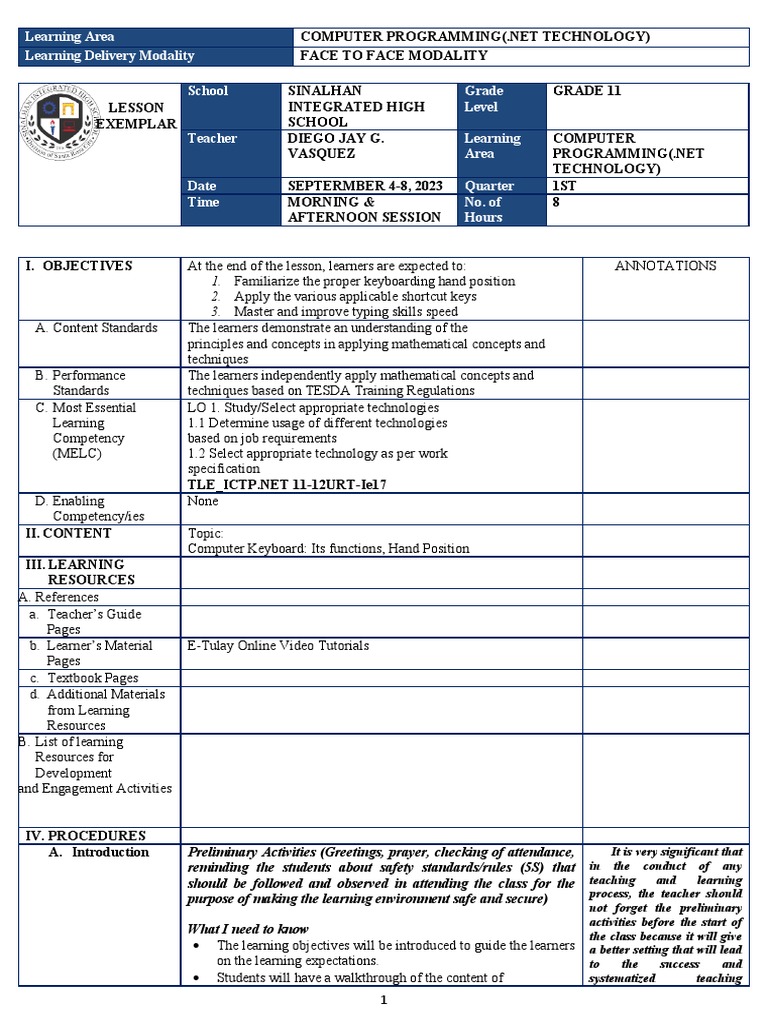 Grade 11 .NET Programming Lesson Plan | PDF | Learning | Teachers