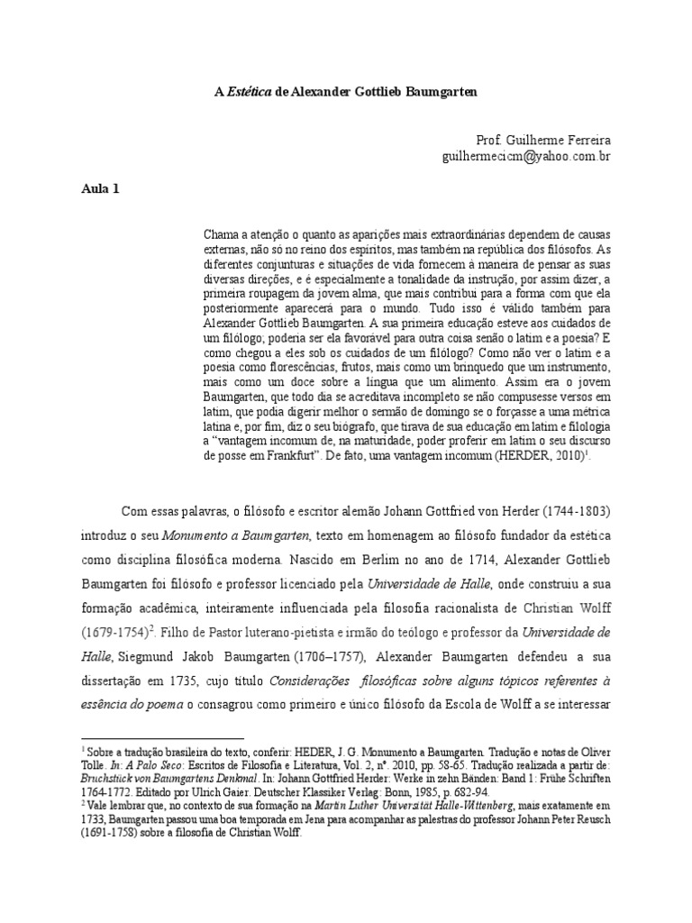 A Estética de Alexander Gottlieb Baumgarten - Aulas 1 e 2 | PDF ...