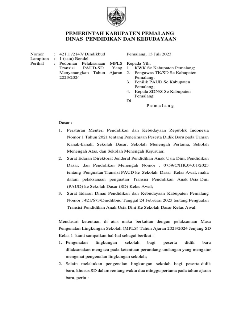 Surat Pedoman Mpls Transisi Paudsd TP 2023 - 2024 | PDF