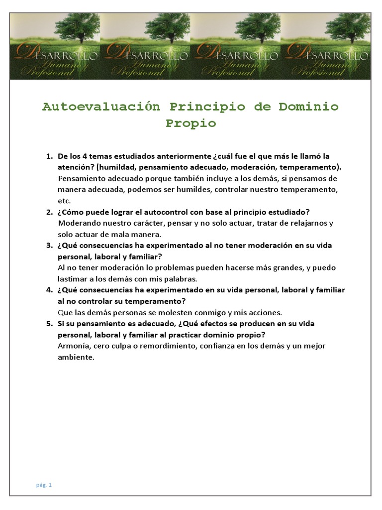 Autoevaluación Principio de Dominio Propio | PDF