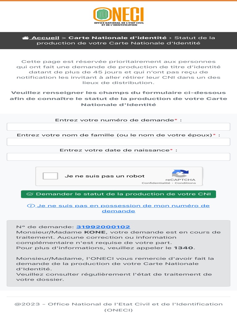 ONECI Consultation de L'état D'une Demande de CNI | PDF