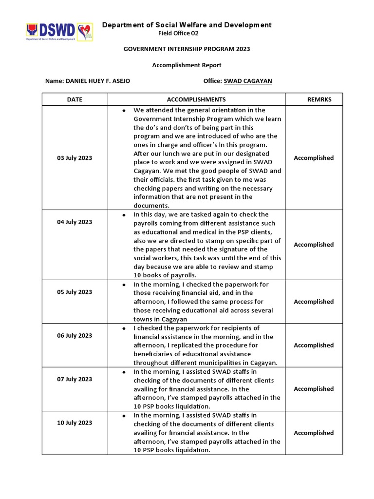 30 Working Day Accomplishment Report | PDF