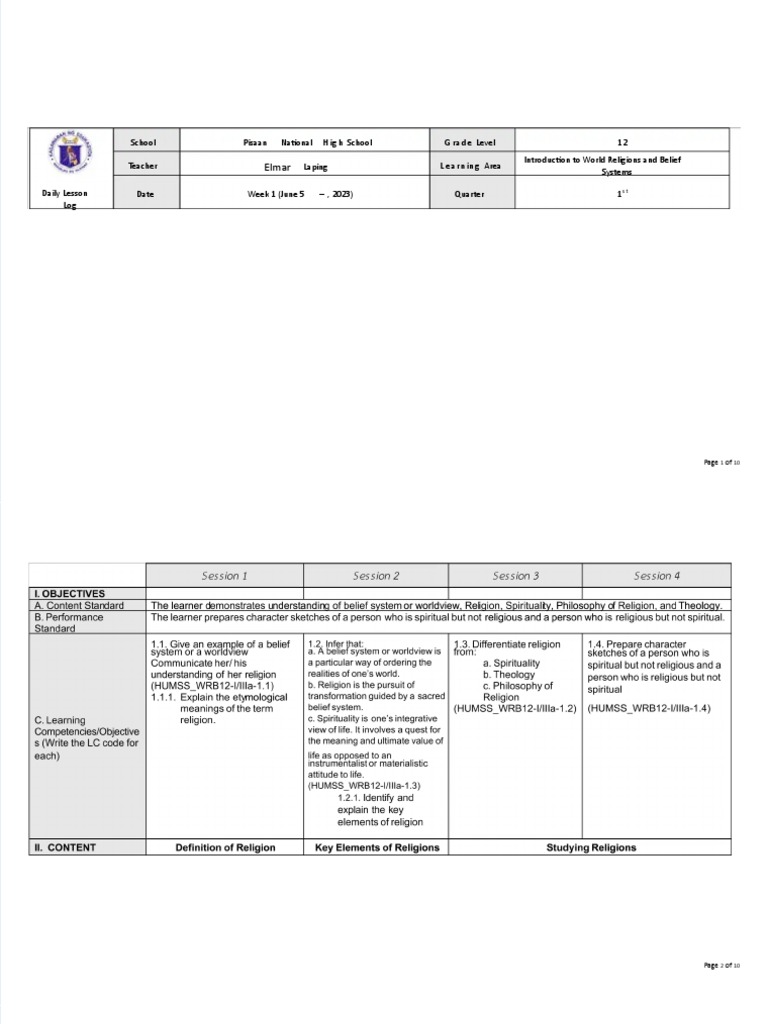 Grade 12 World Religions Lesson Plan | PDF | Learning | Cognition