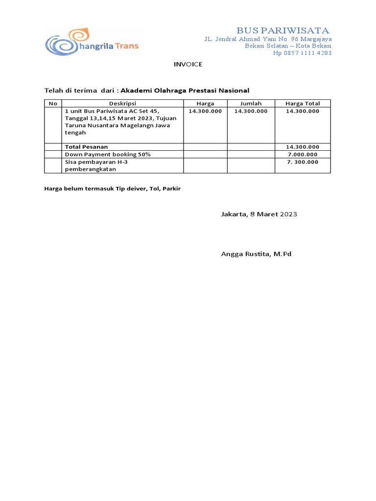 Invoice Sewa Bus Pariwisata Maret 2023 | PDF