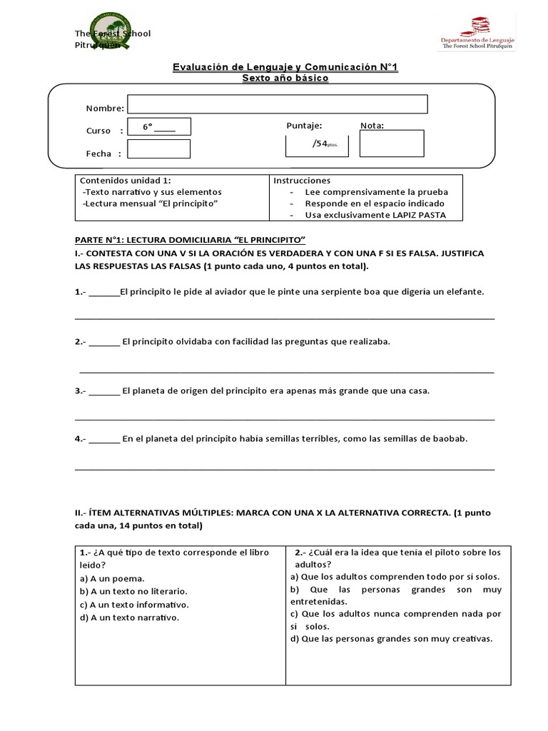 Evaluación 1 Sexto 2023 | PDF | El Principito | Narración
