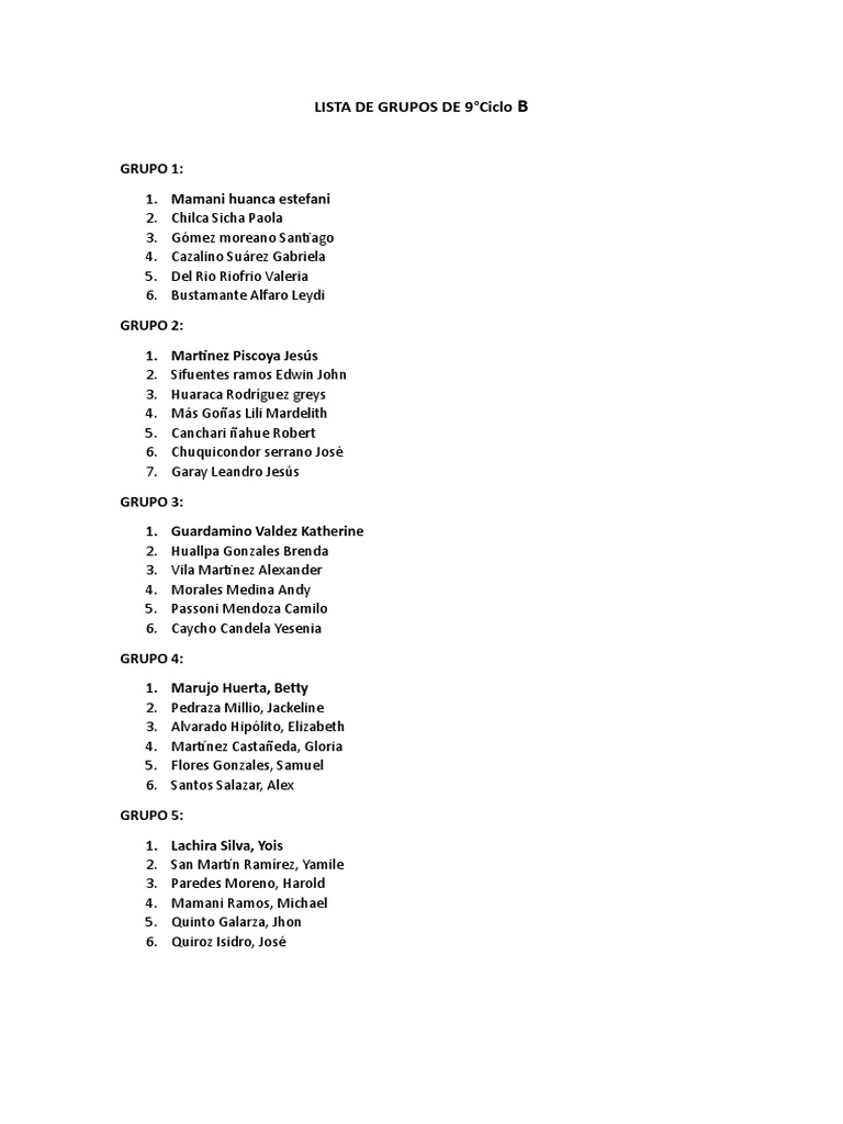 LISTA DE GRUPOS DE 9no Ciclo B | PDF