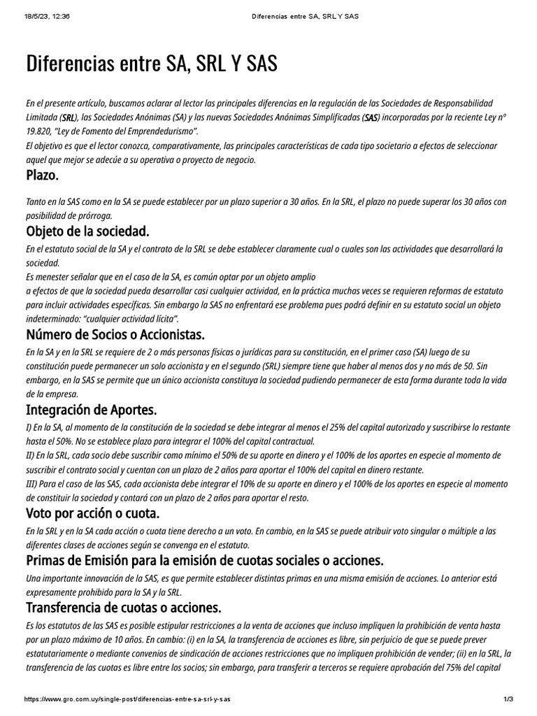 Diferencias Entre SA, SRL Y SAS | PDF | Gobierno | Economias