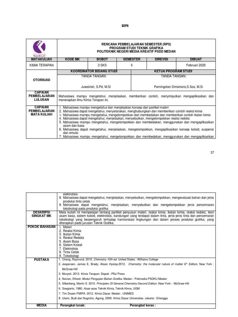 RPS Kimia Terapan Teknik Grafika Poltek Medan | PDF | Teknologi & Rekayasa