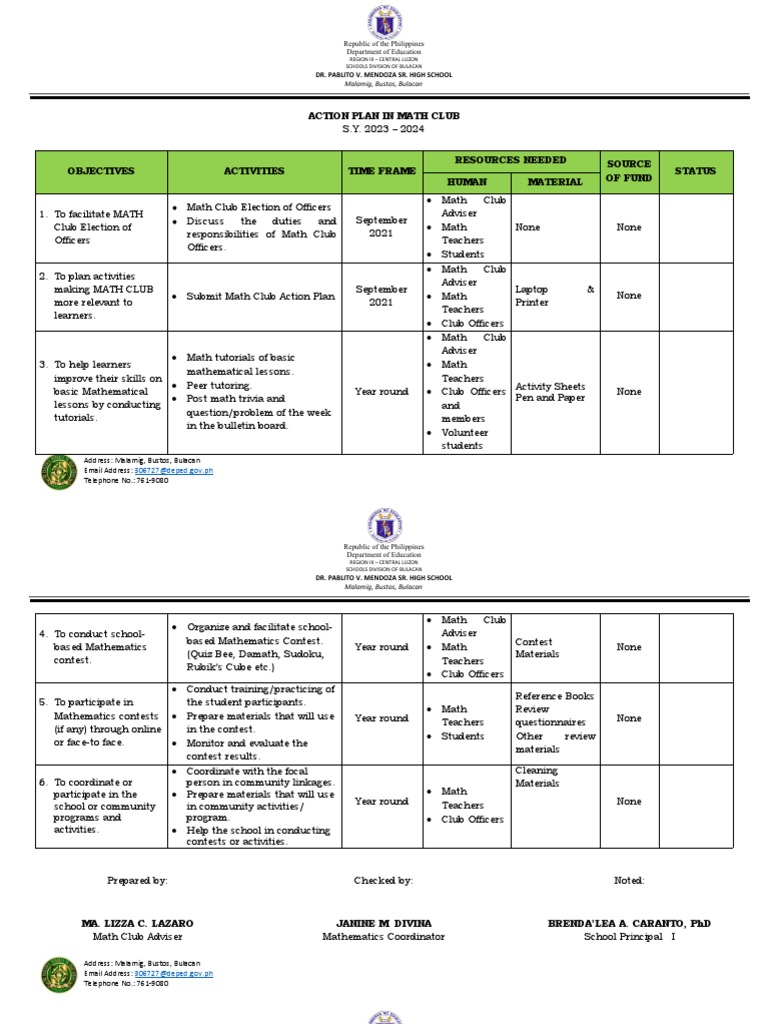 Math Club Action Plan 2023-2024 | PDF | Mathematics | Behavior Modification