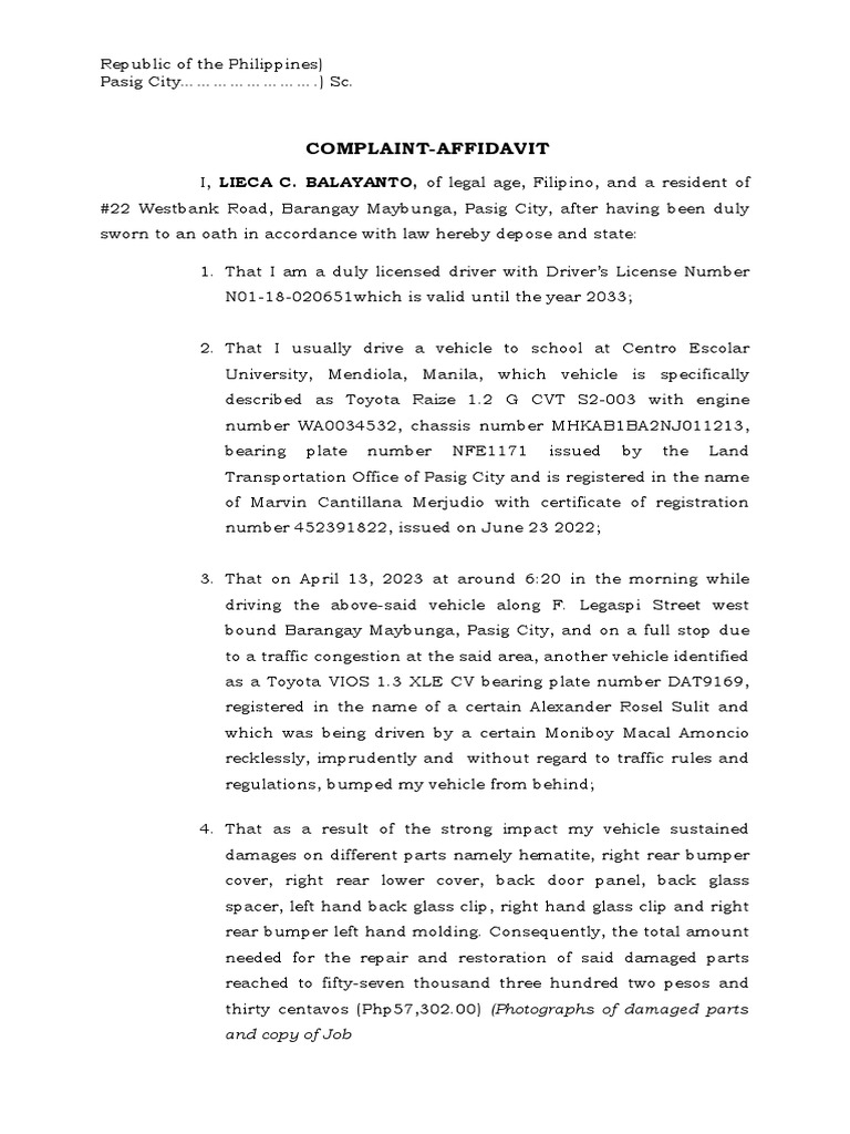 Complaint Affidavit | PDF | Traffic Collision | Transport
