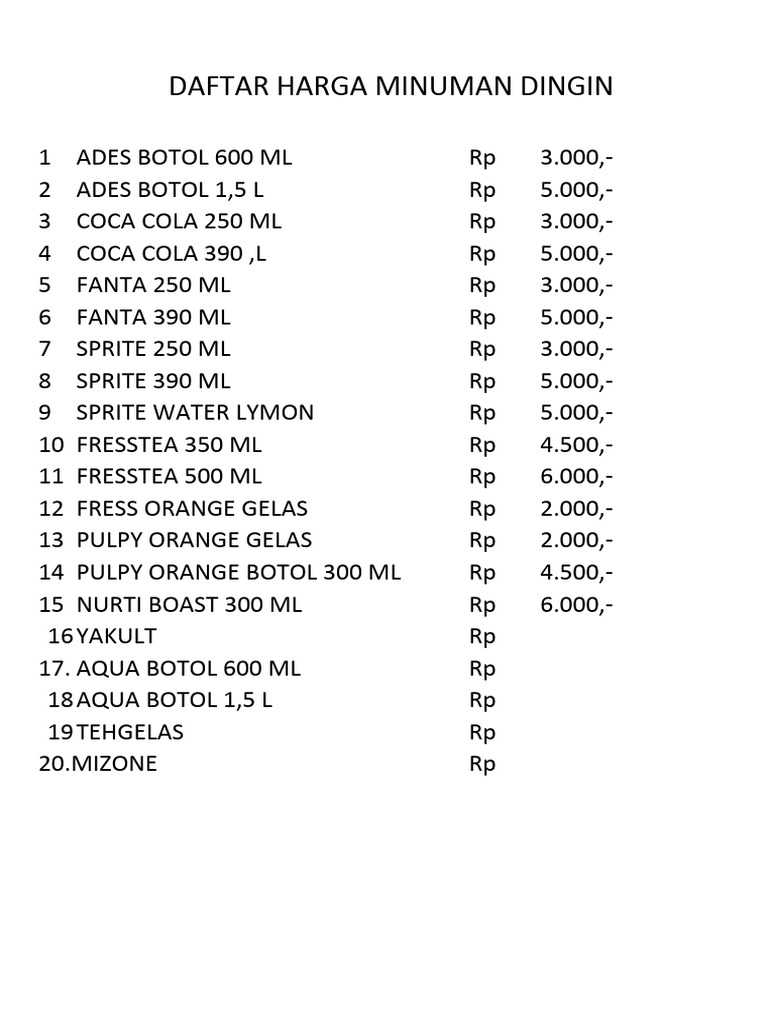 Daftar Harga Minuman Dingin | PDF