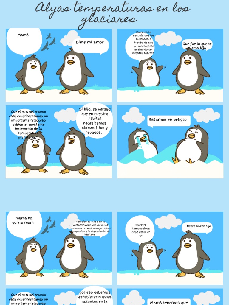 Tira Cómica Con 4 Viñetas Azul y Blanco Pingüinos Animal | PDF