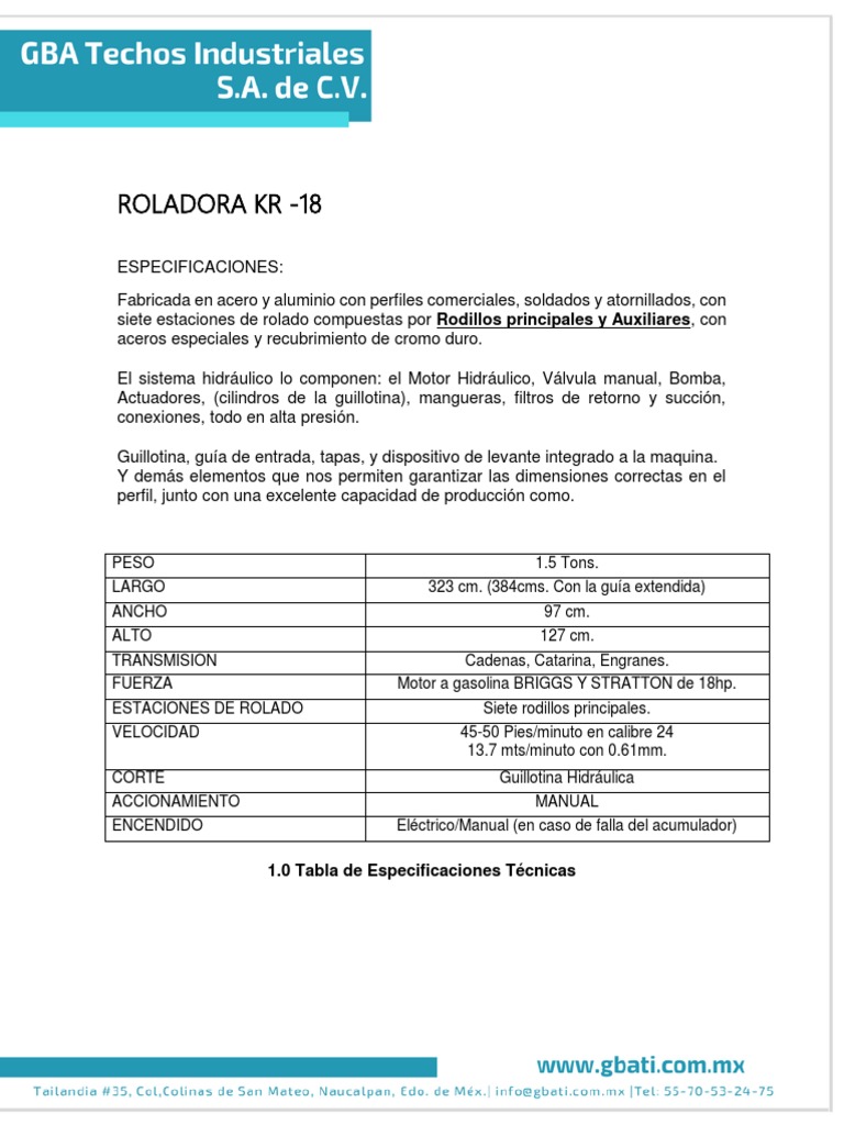 Ficha Técnica Roladora KR-18 | PDF