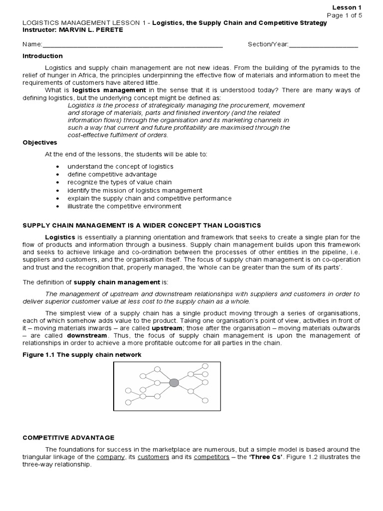 Logistics Management Lesson 1 Logistics The Supply Chain And