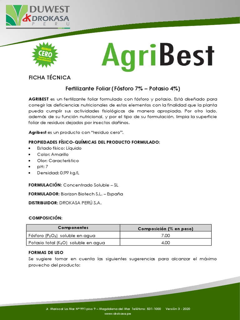 Fertilizante Foliar Agribest: Uso y Dosis | PDF | Agua | Fertilizante
