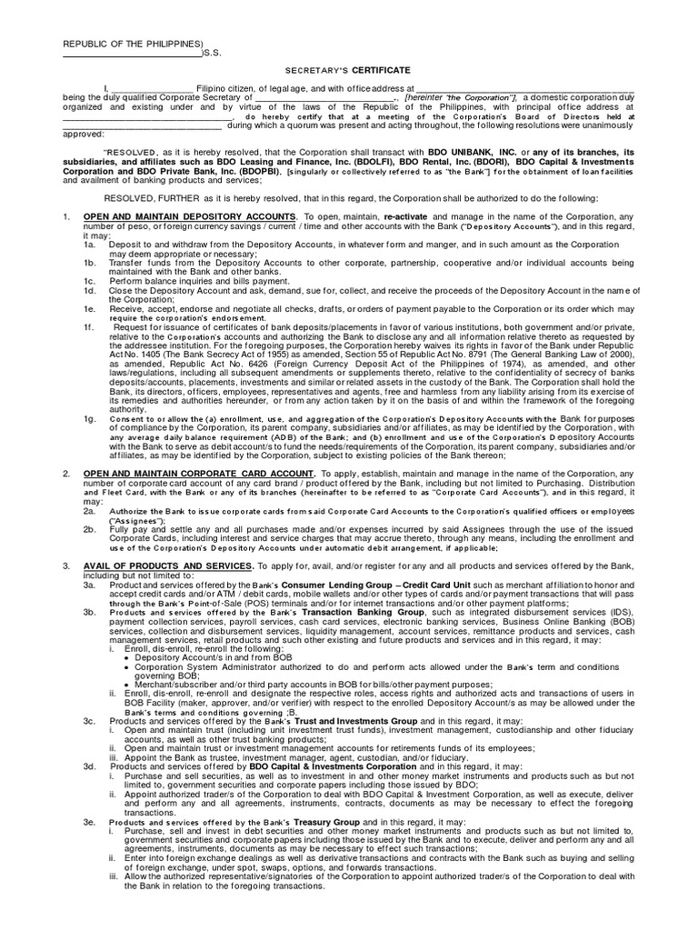 BDO Secretary Certificate | PDF | Securities (Finance) | Banks