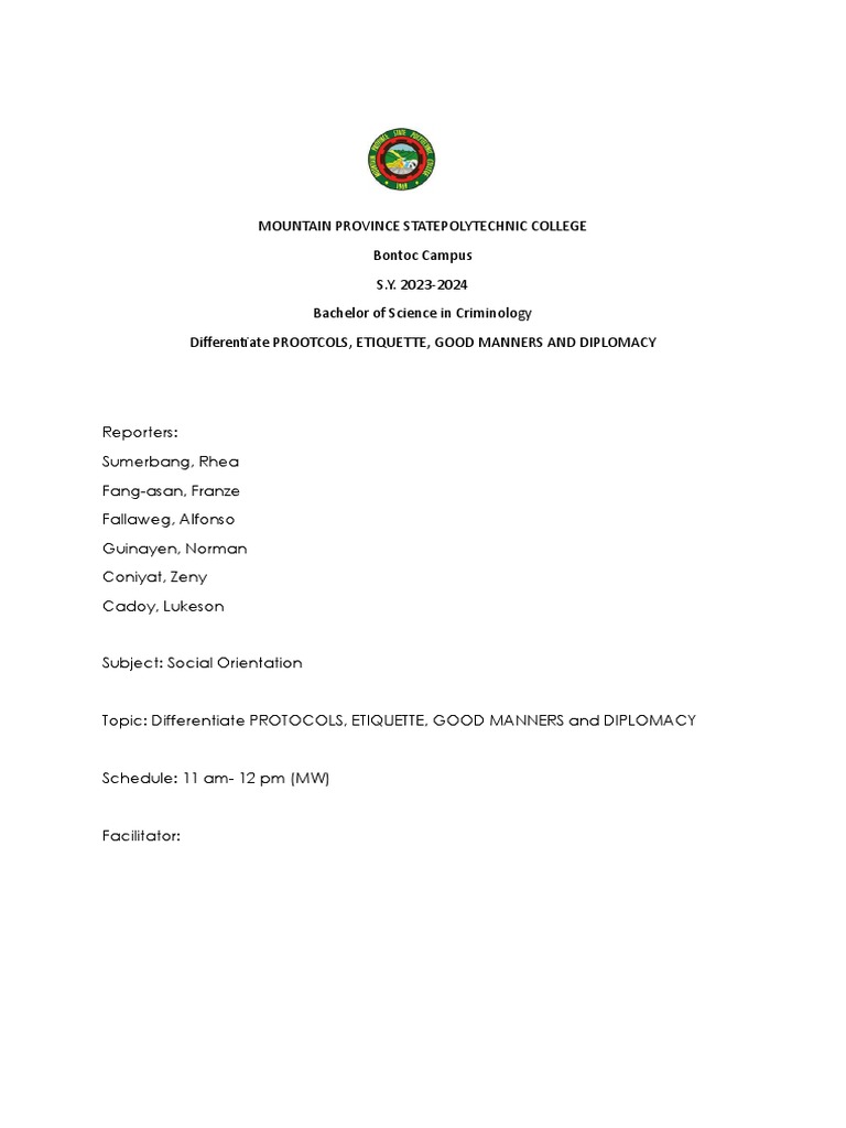 Differentiate GOOD MANNERSJ DIPLOMACYJ PROTOCOL and ETIQUETTE | PDF | Etiquette | Treaty