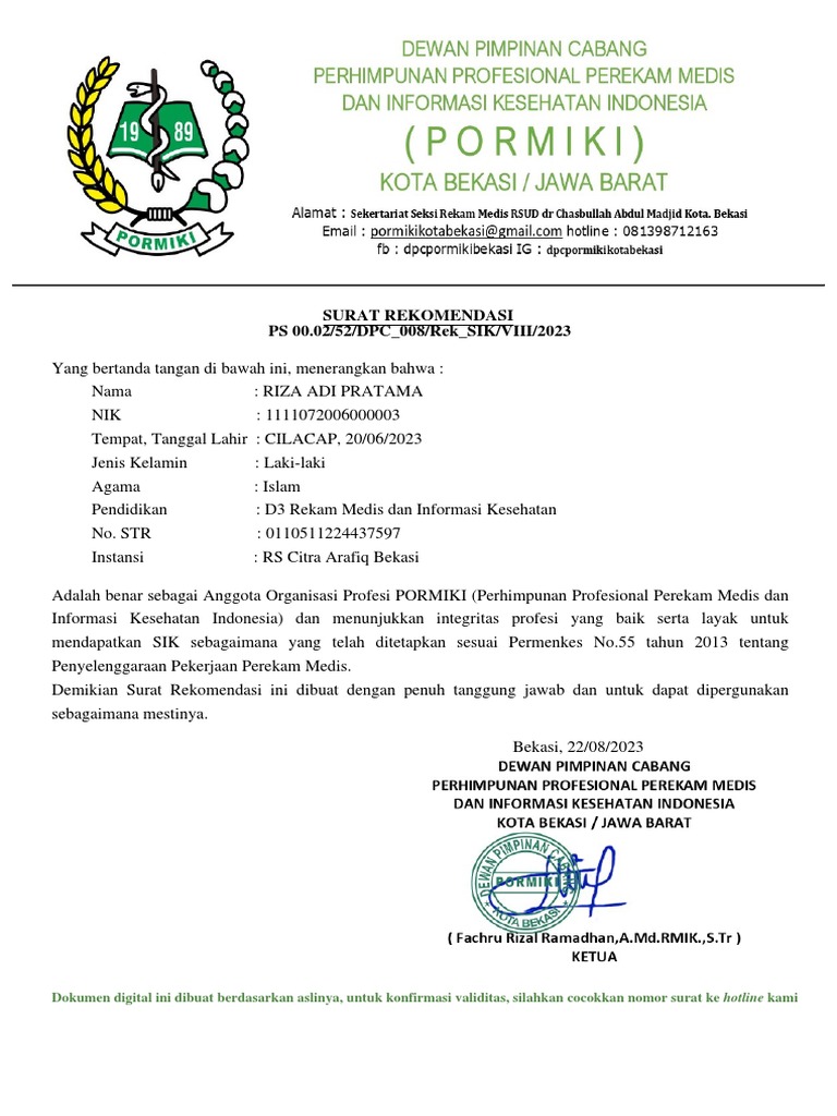 Contoh Surat Rekomendasi Pembuatan SIP | PDF