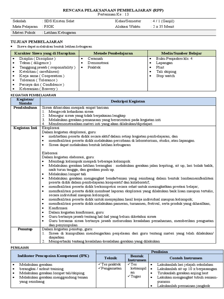 RPP PJOK Kelas 4 Semester 1 - Latihan Kebugaran | PDF
