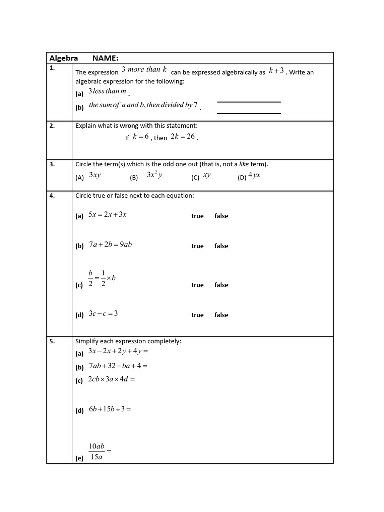Year 7 Algebra Test Questions | PDF
