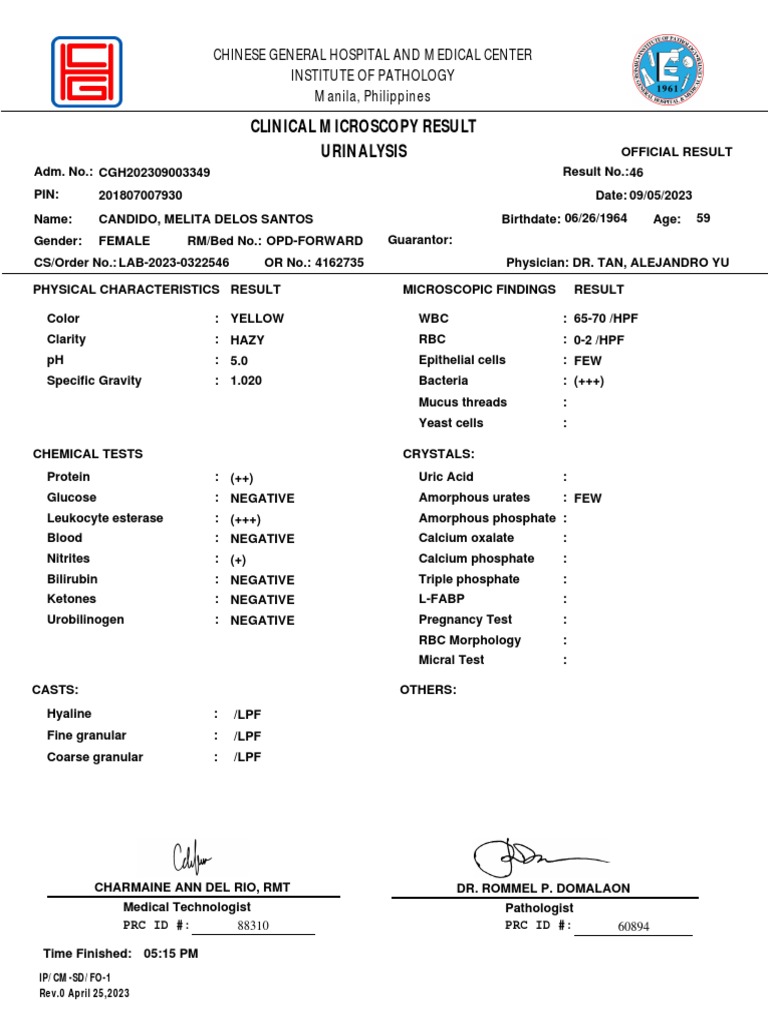Medical Report: Urinalysis Results | PDF | Medical Specialties ...