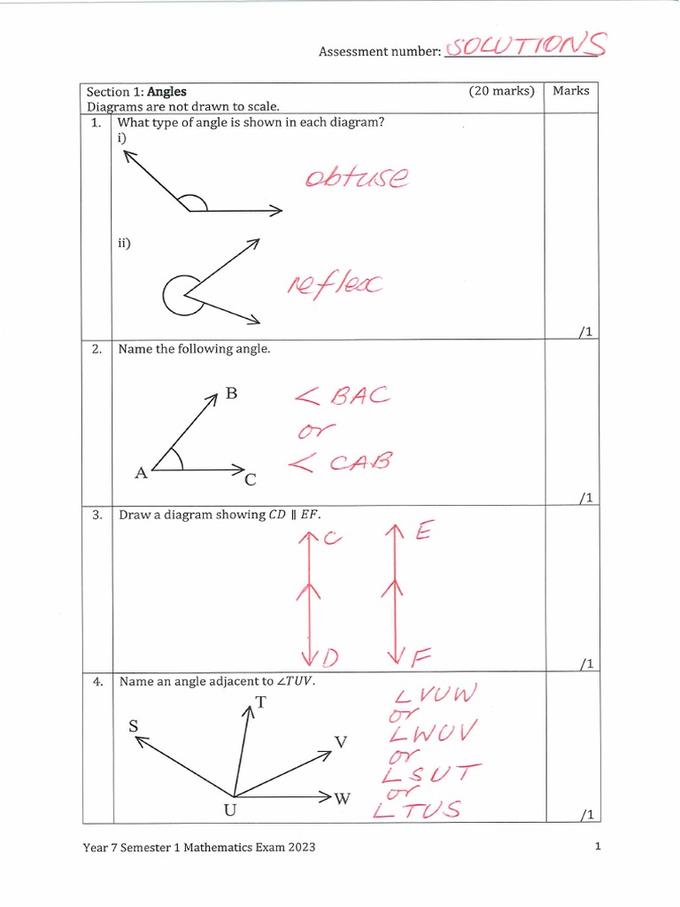 Y7 S1 Maths Exam - Solutions | PDF